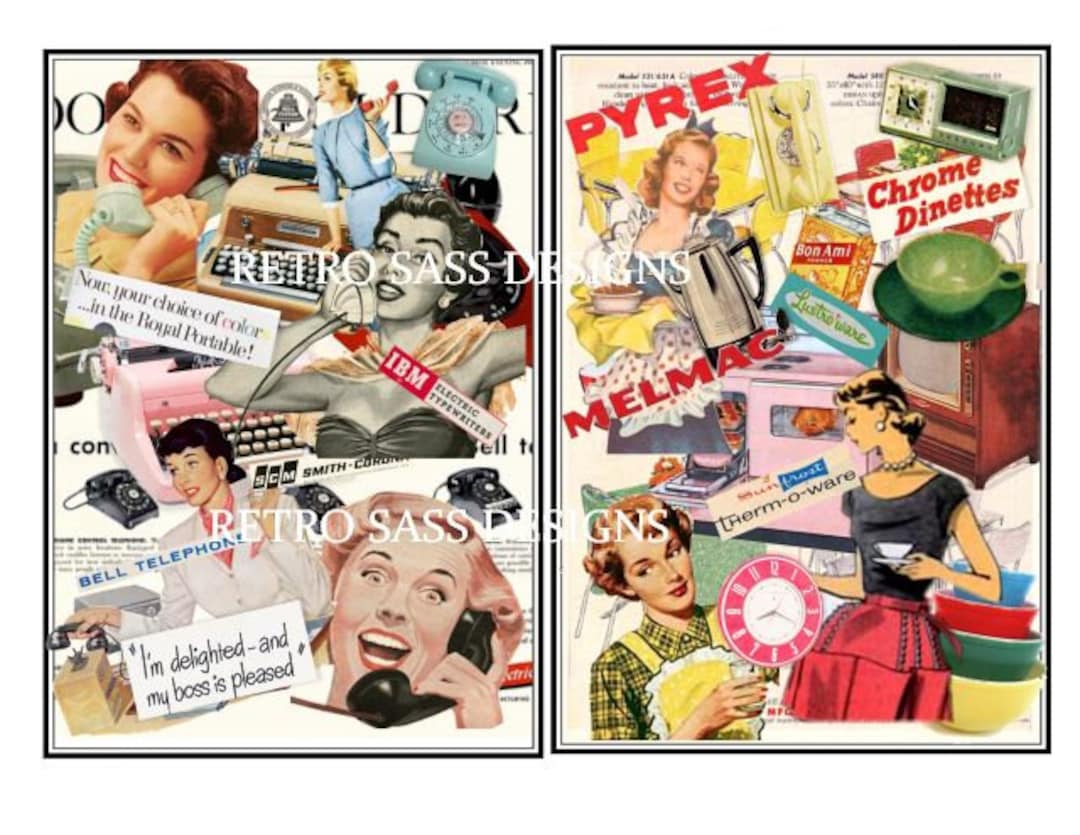 2 RETRO Inspired Digital Collage ART Print Retro Ladies off to Work ...