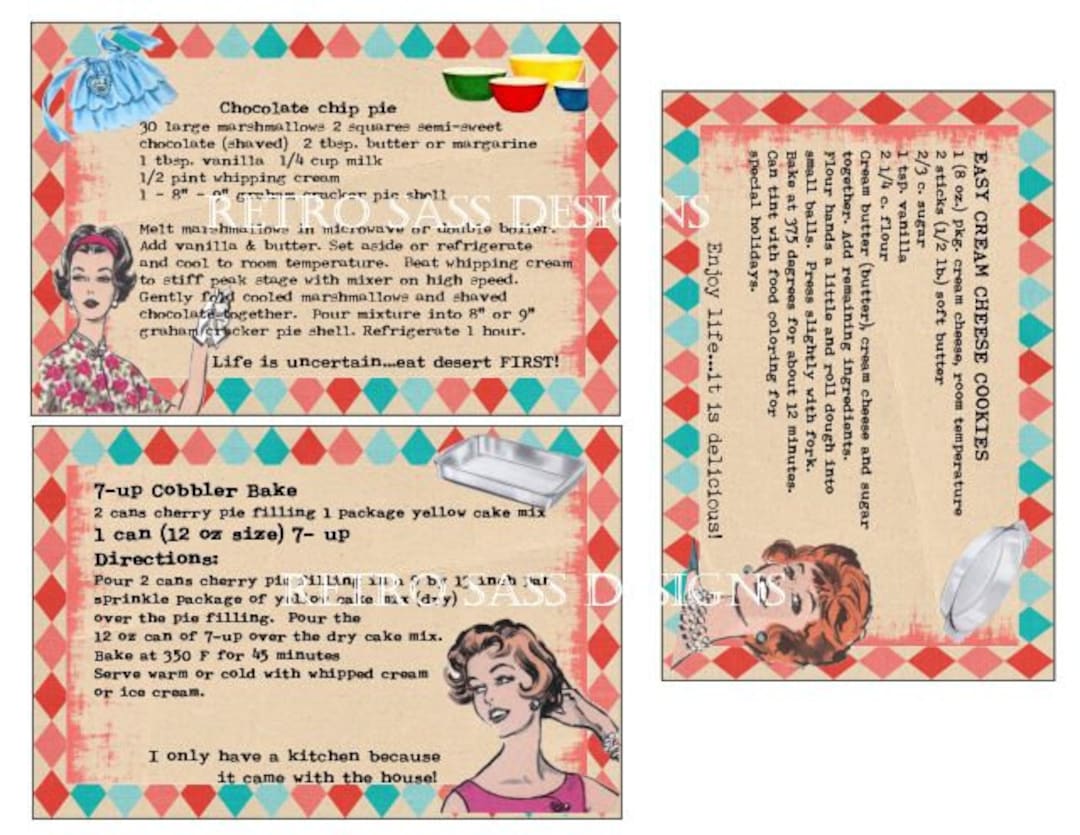 RETRO 1950'S Ladies RECIPE Cards With Desert Recipe Set of 3 Bridal ...