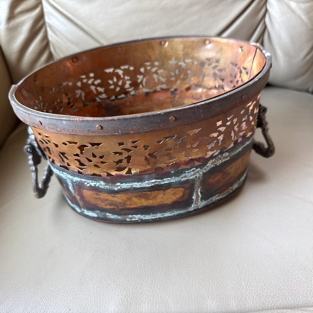 Antique Copper Planter Lion Head Handles Reticulated 8.5" X 7" X 5 ...