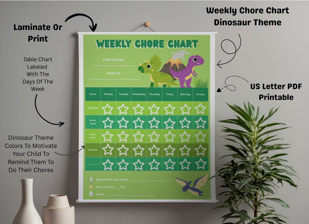 Dinosaur Chore Chart Printable Kids, T-rex Daily Routine Checklist ...