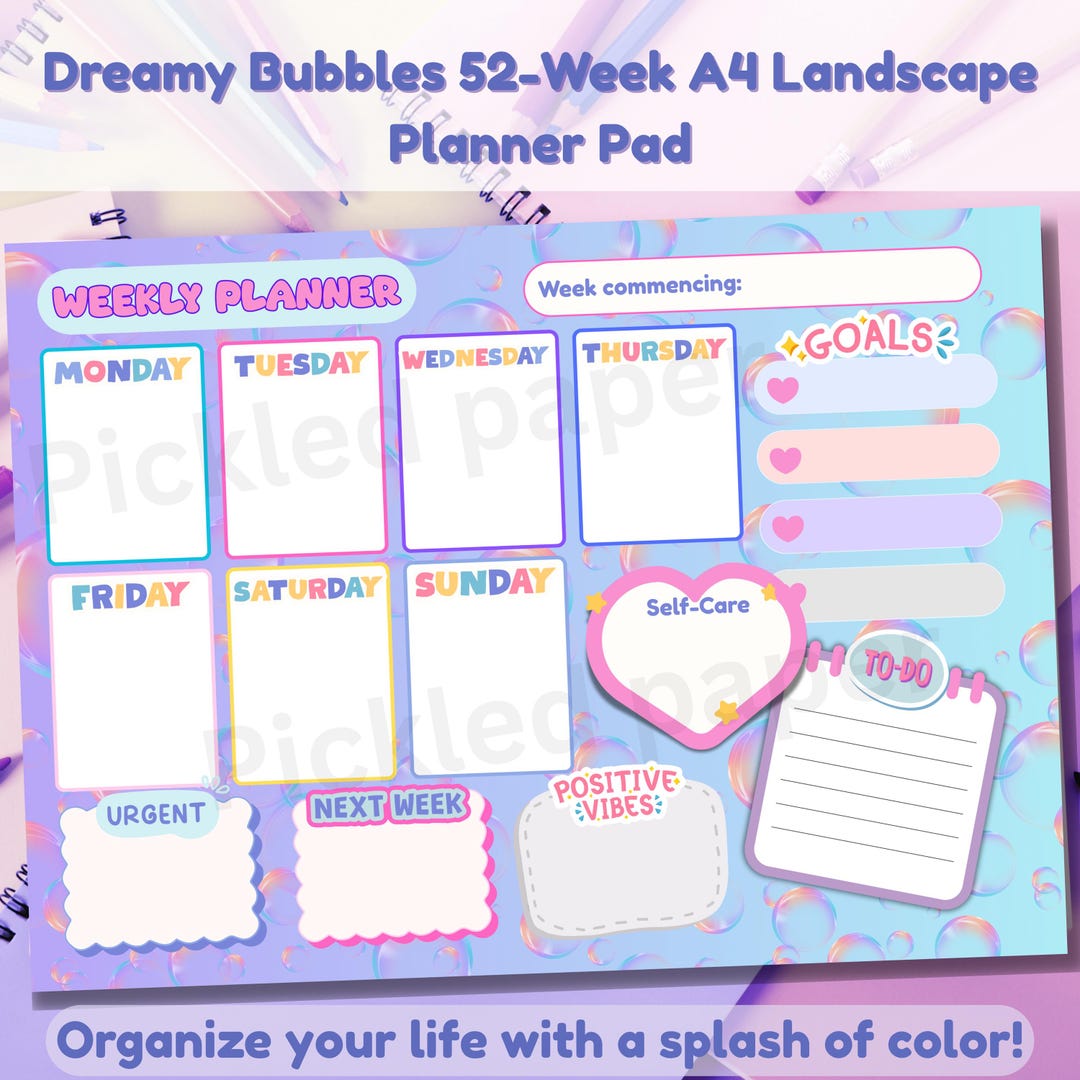 Dreamy Bubbles A4 Weekly Planner Pad: 52-week Undated Landscape ...