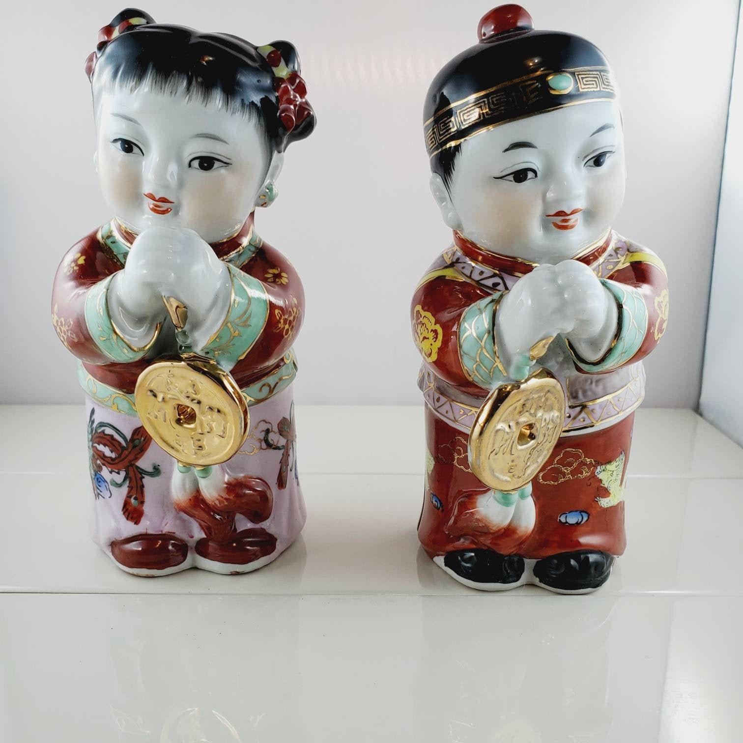 Chinese Boy and Girl Figurines Porcelain Hand painted 24k Gold | Etsy
