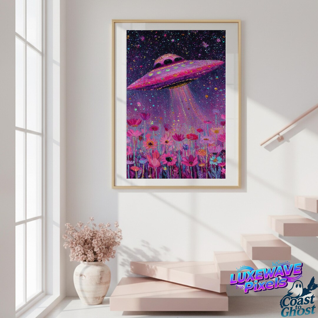 Trippy UFO Flower Field Art Print: Psychedelic Sky Decor (digital ...