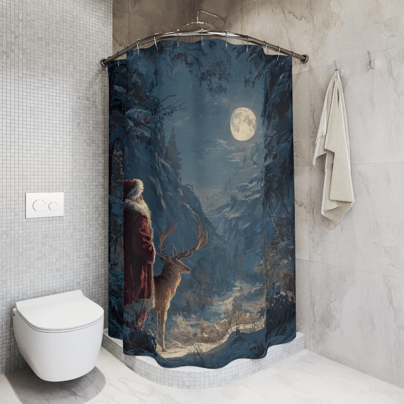 Santa and Reindeer Forest Moon Shower Curtain | Christmas Winter Scene ...