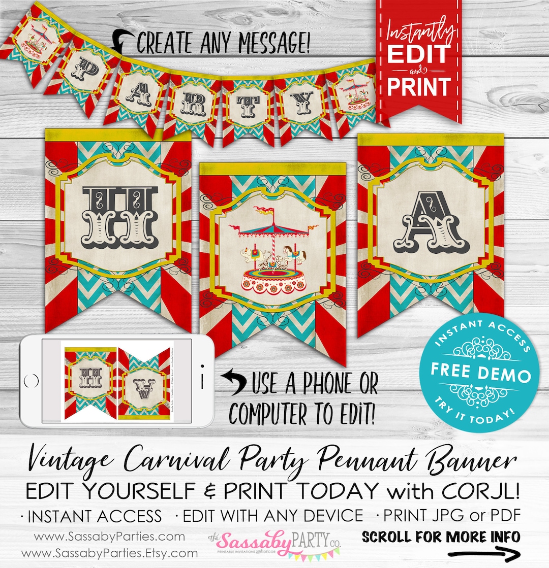Vintage Carnival Party Banner - INSTANT DOWNLOAD - Editable, Printable ...