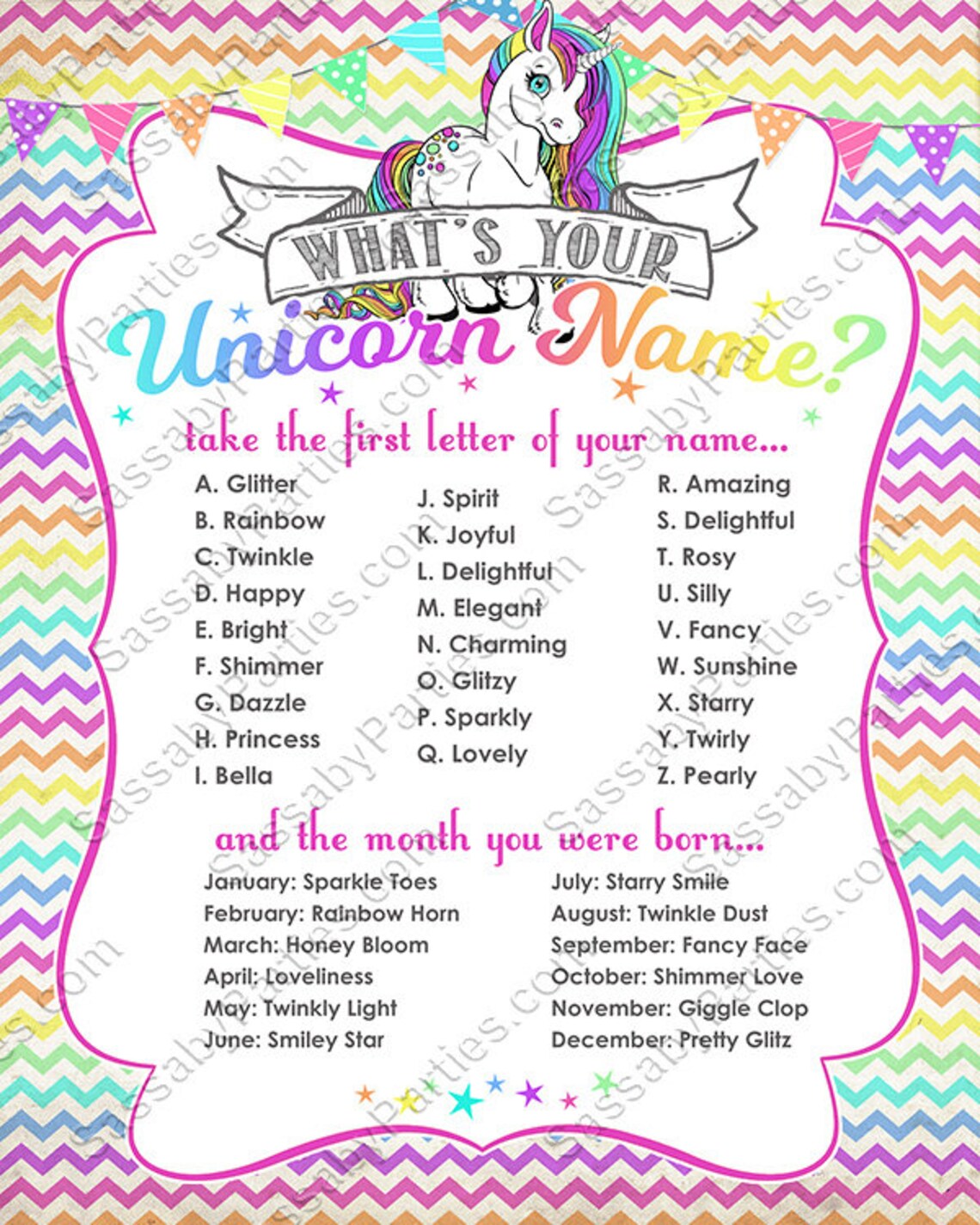 Unicorn Name Poster Instant Download Party Sign Rainbow Etsy