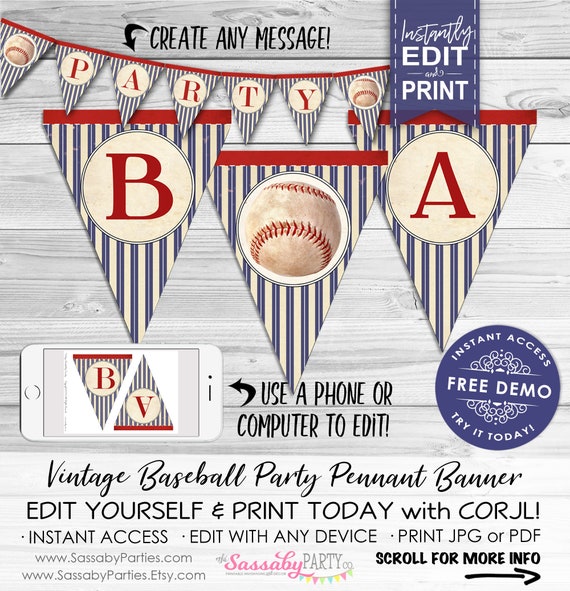 Vintage Baseball Party Banner - INSTANT DOWNLOAD - Editable & Printable ...