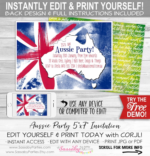 Aussie Party Invitation - INSTANT DOWNLOAD - Edit & Print, Summer ...