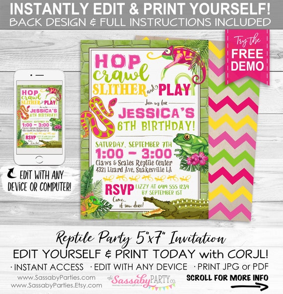 Reptile Invitation - INSTANT DOWNLOAD - Editable & Printable Girls ...