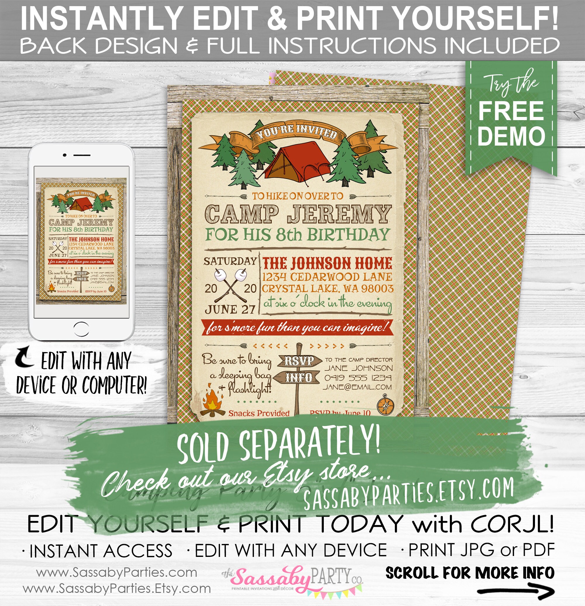 Camping Party Invitation - INSTANT DOWNLOAD - Partially Editable ...