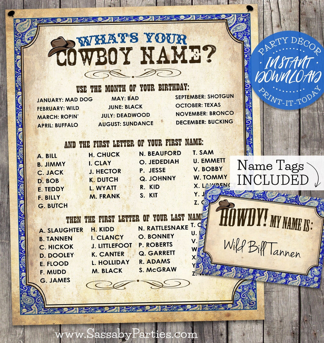 Wild West Cowboy Name Poster + Name Tags BLUE - INSTANT DOWNLOAD ...