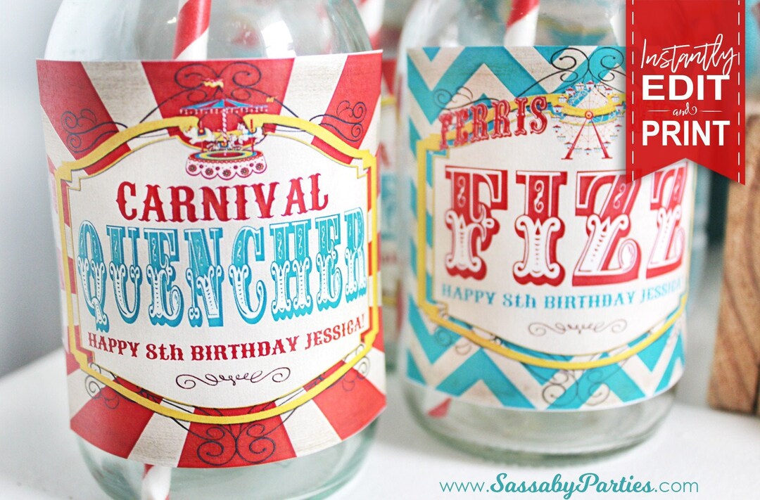 Vintage Carnival Drink Bottle Labels - INSTANT DOWNLOAD - Editable ...