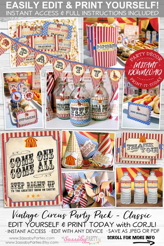 Vintage Circus Party Pack Classic - INSTANT DOWNLOAD - Editable ...