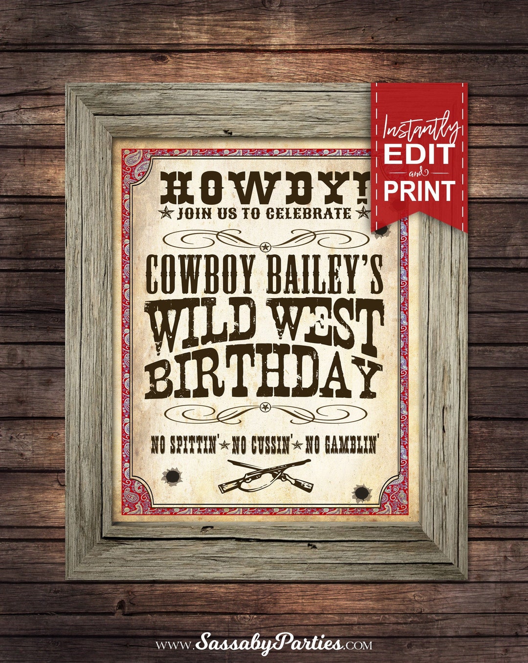 Wild West Cowboy Party Sign - INSTANT DOWNLOAD - Partially Editable ...