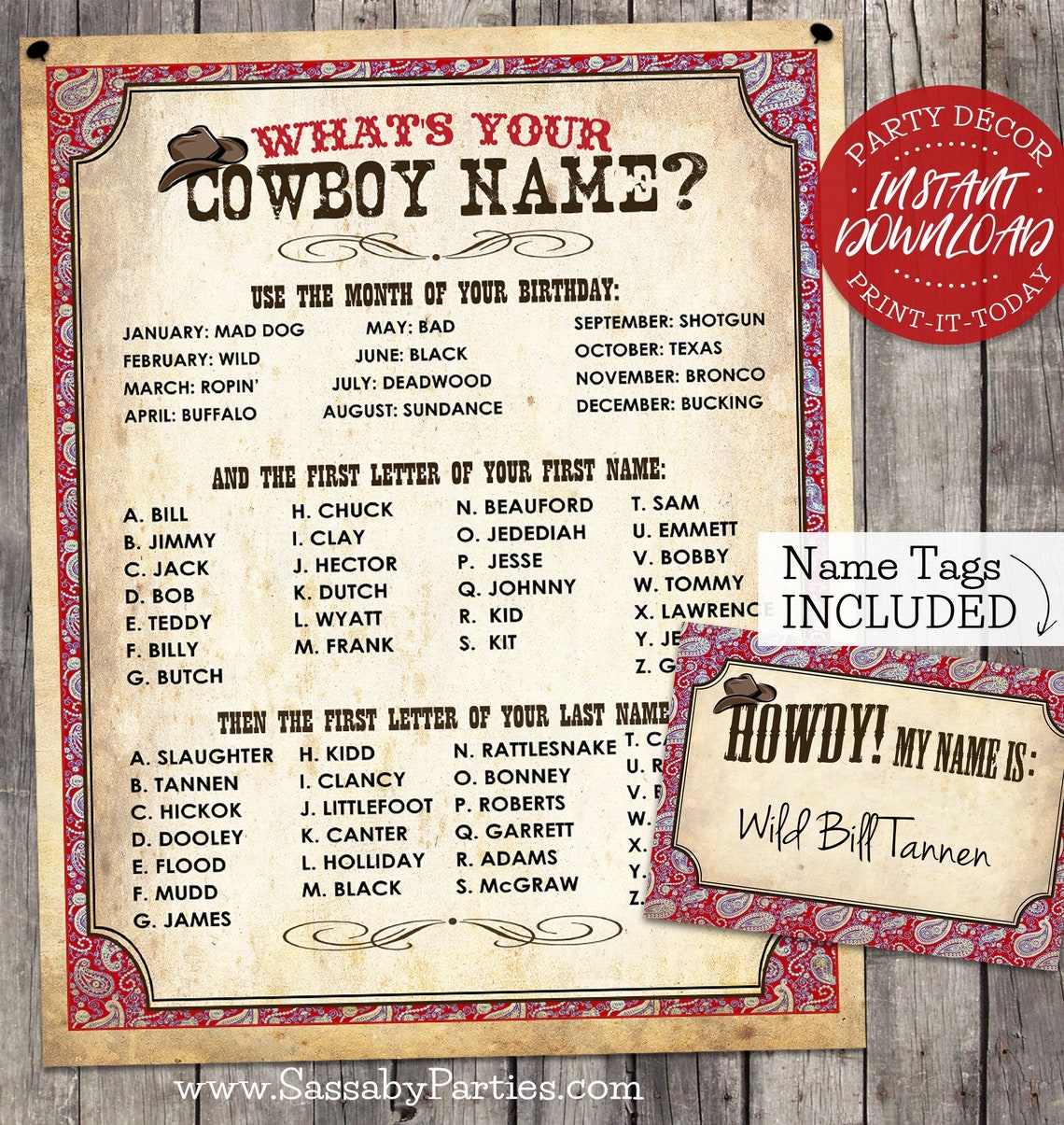 Wild West Cowboy Name Poster + Name Tags RED - INSTANT DOWNLOAD - 'what ...