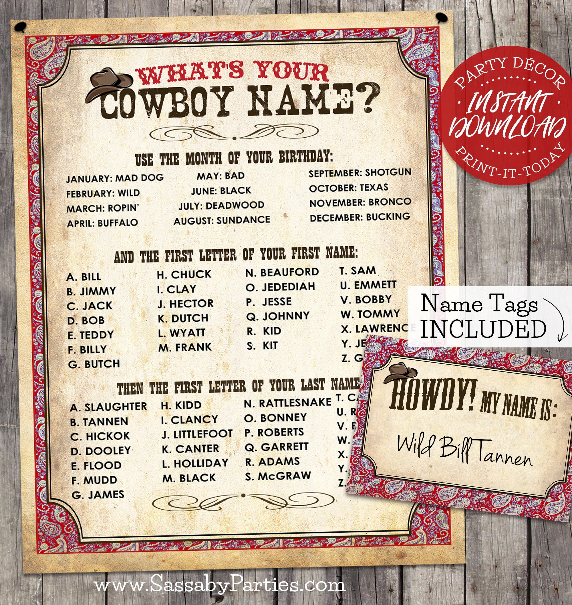 Wild West Cowboy Name Poster + Name Tags RED - INSTANT DOWNLOAD - 'what ...
