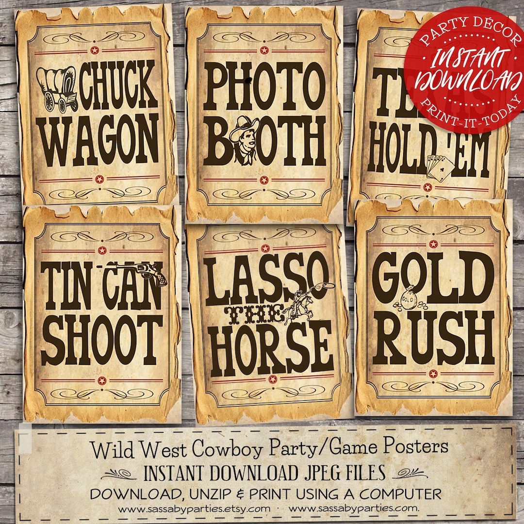 30 Cowboy Game Signs/party Posters - INSTANT DOWNLOAD - Wild West ...