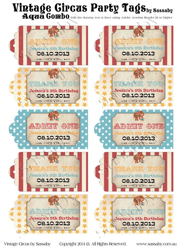 Vintage Circus Party Favor Tags INSTANT DOWNLOAD Editable | Etsy
