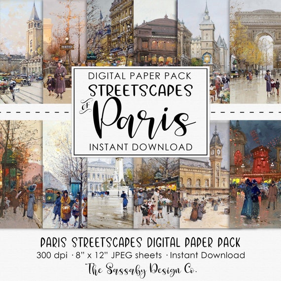 Paris Streets Scenes Paper Pack 12 Sheets - INSTANT DOWNLOAD - Parisian ...