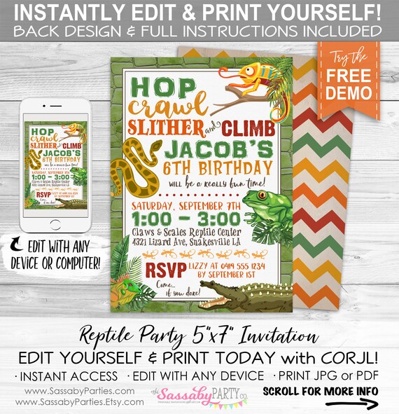 Reptile Invitation - INSTANT DOWNLOAD - Editable & Printable Boys ...