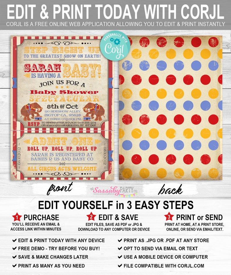 Vintage Circus Baby Shower Invitation - INSTANT DOWNLOAD - Classic ...