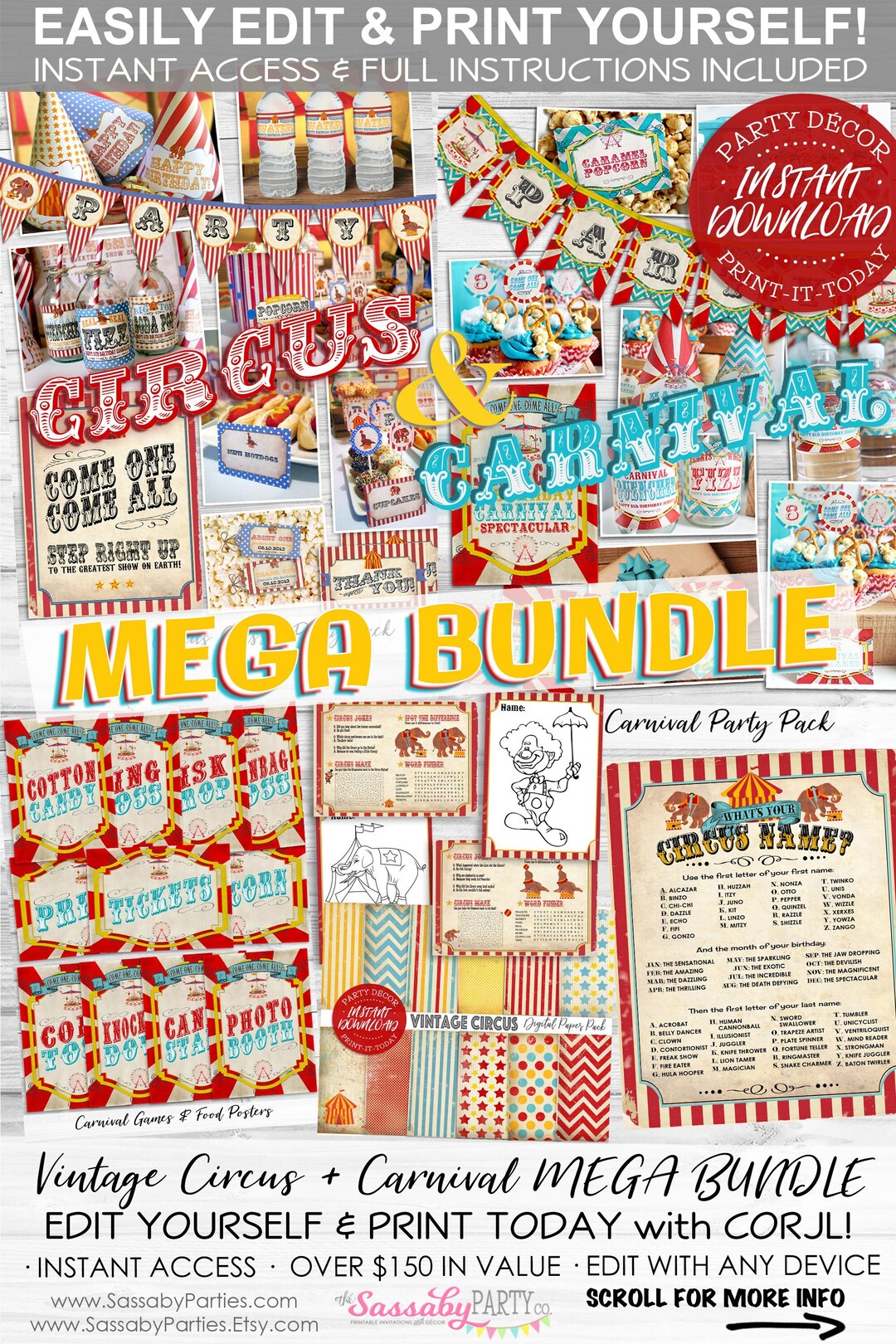 Circus + Carnival MEGA Party Bundle - INSTANT DOWNLOAD - Editable ...