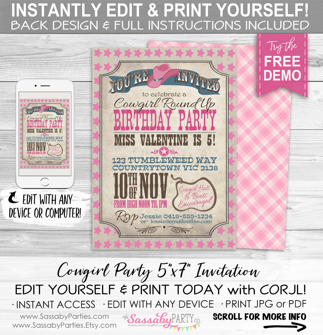 Cowgirl Invitation Instant Download Partially Editable Edit And Print