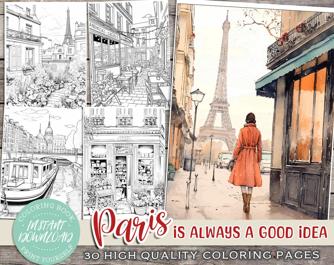Paris Coloring Book - INSTANT DOWNLOAD - Eiffel Tower, Shops & Cafes ...