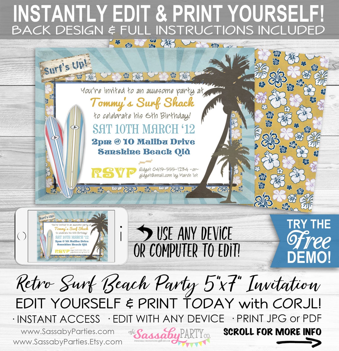 Retro Surf Beach Party Invitation - INSTANT DOWNLOAD - Partially ...