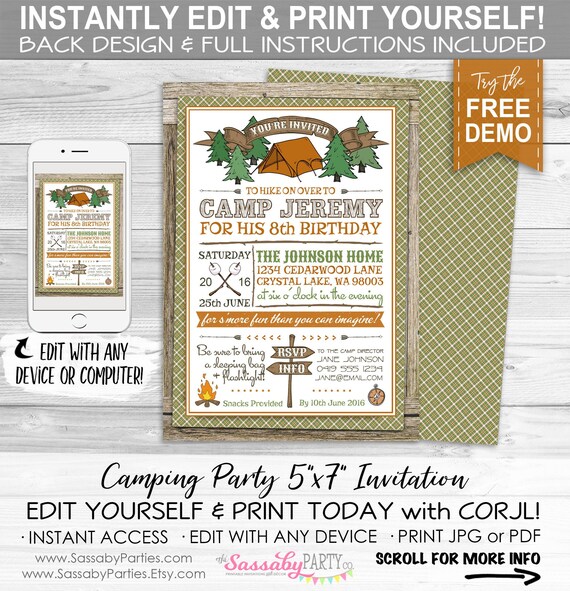 Camping Party Invitation - INSTANT DOWNLOAD - Partially Editable ...