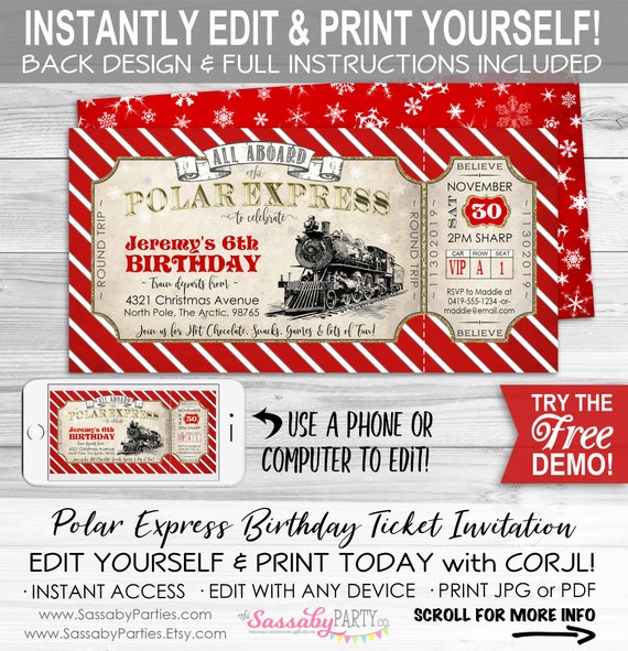 Polar Express Invitation Red - INSTANT DOWNLOAD - Partially Editable ...