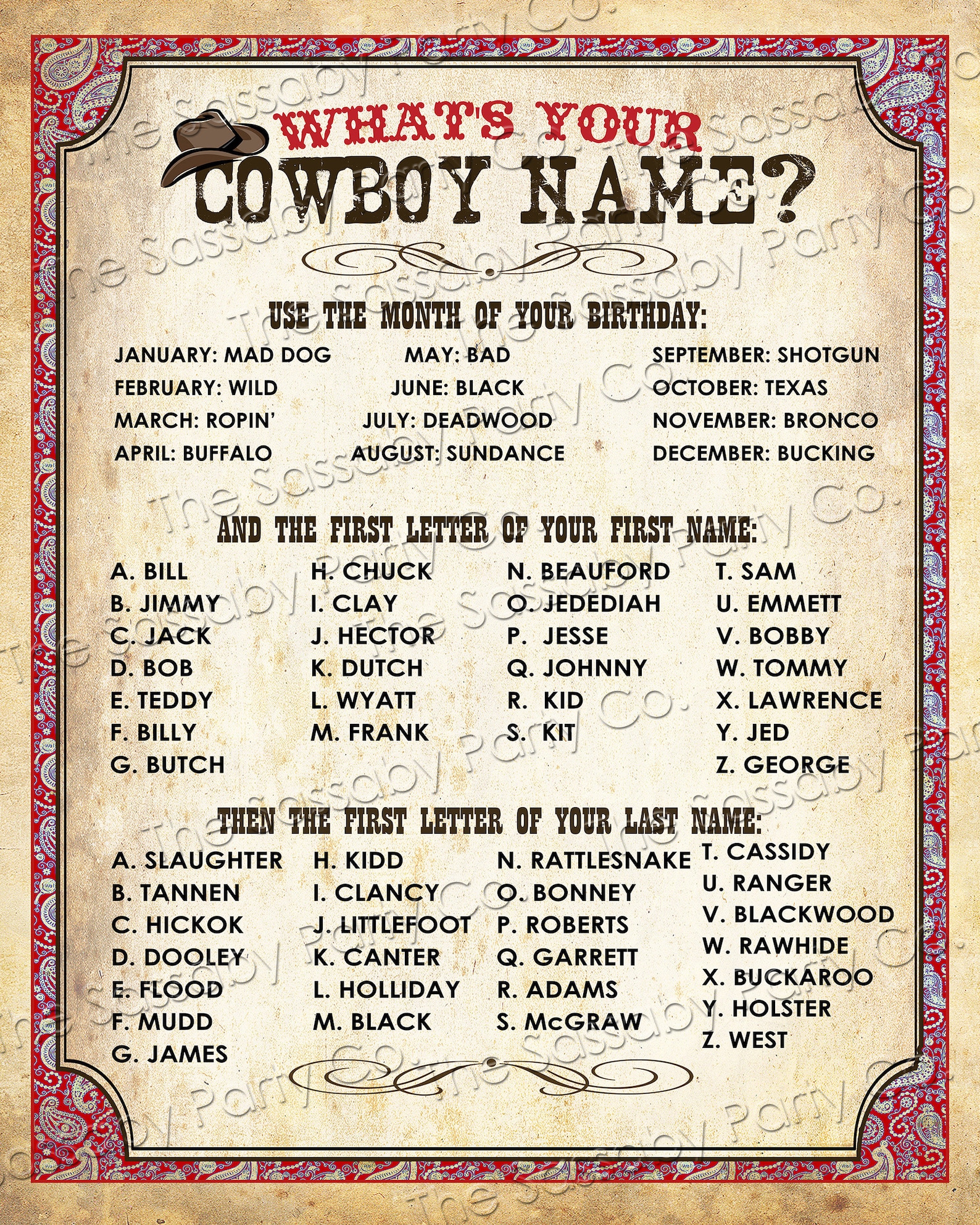 Wild West Cowboy Name Poster RED - INSTANT DOWNLOAD - 'what's Your ...