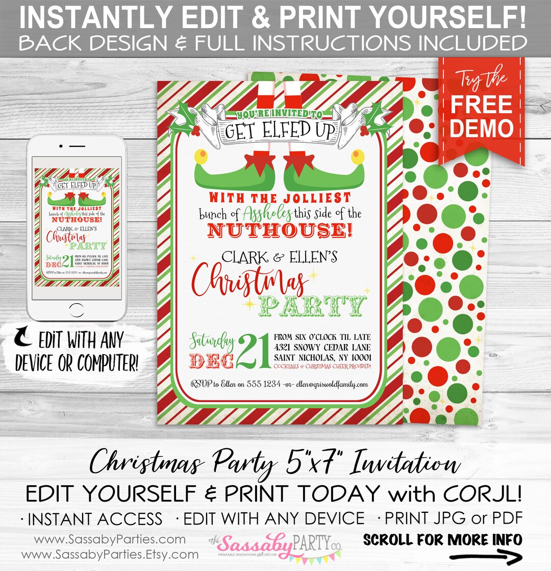 Elfed up Christmas Party Invitation - INSTANT DOWNLOAD - Edit & Print ...