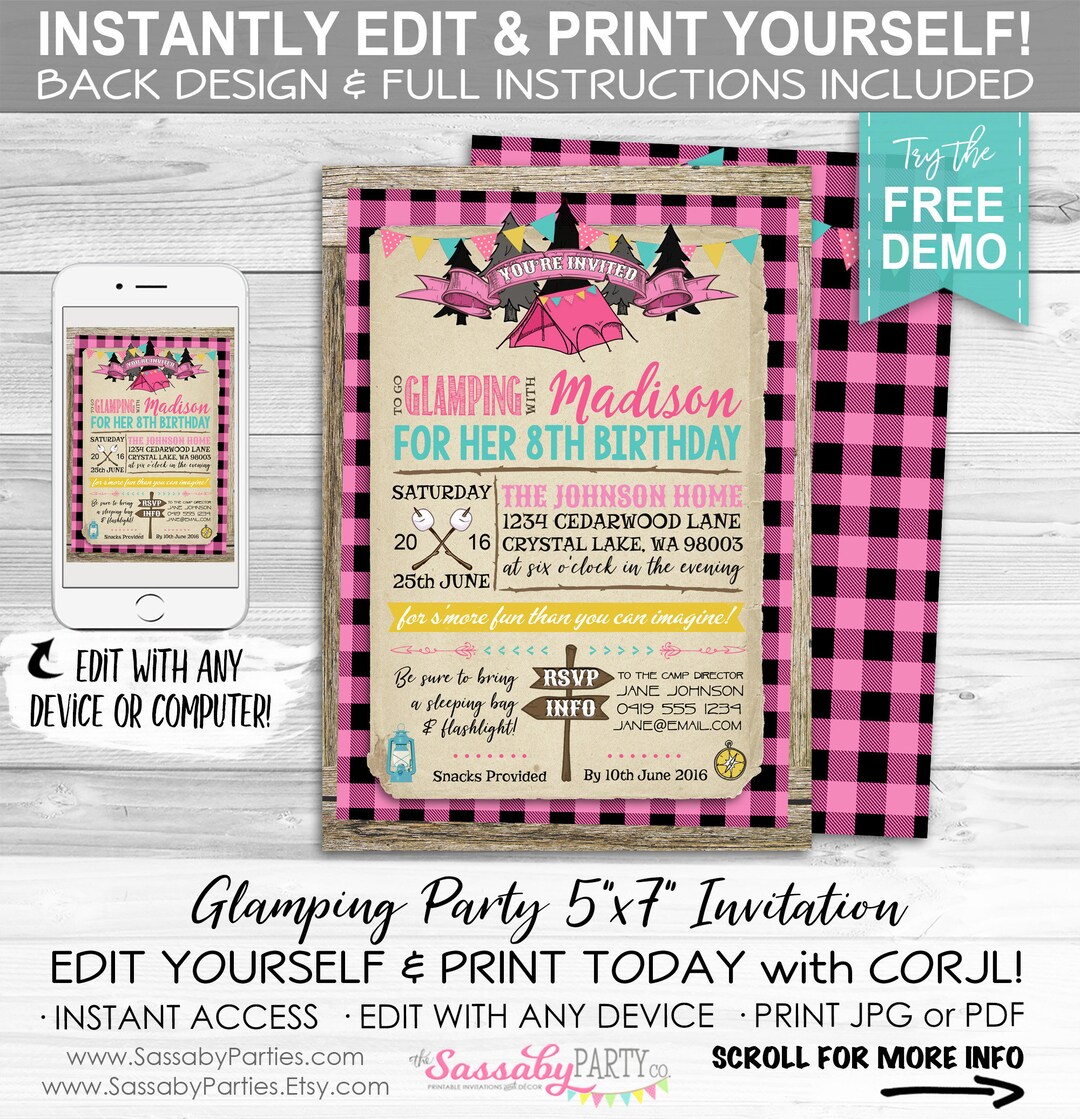 Glamping Party Invitation - INSTANT DOWNLOAD - Editable & Printable ...
