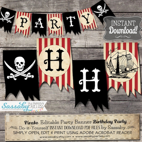 Pirate Party Banner - INSTANT DOWNLOAD - Editable & Printable, Birthday ...