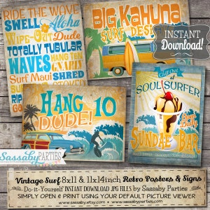 14 Vintage Surf Party Posters/signs Pack - INSTANT DOWNLOAD - Printable ...