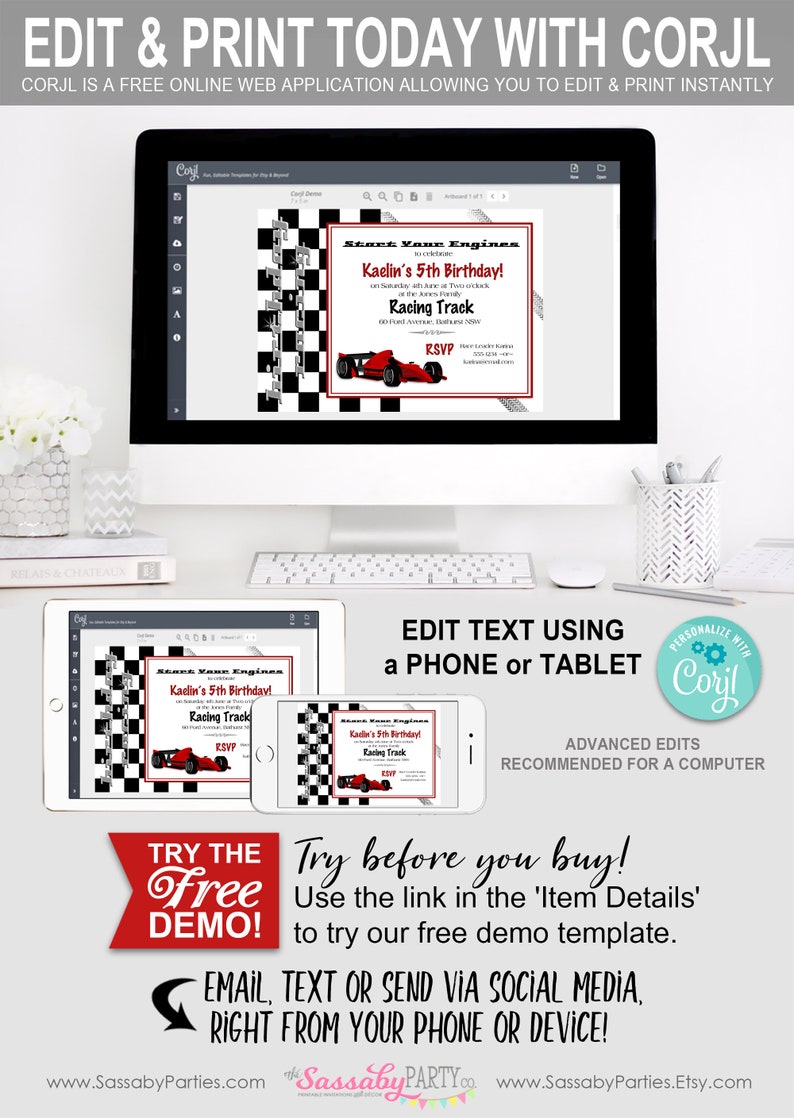Racing Car Birthday Invitation - INSTANT DOWNLOAD - Editable ...