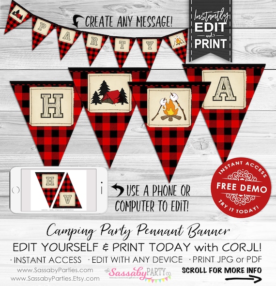 Camping Party Banner - INSTANT DOWNLOAD - Editable & Printable RED ...
