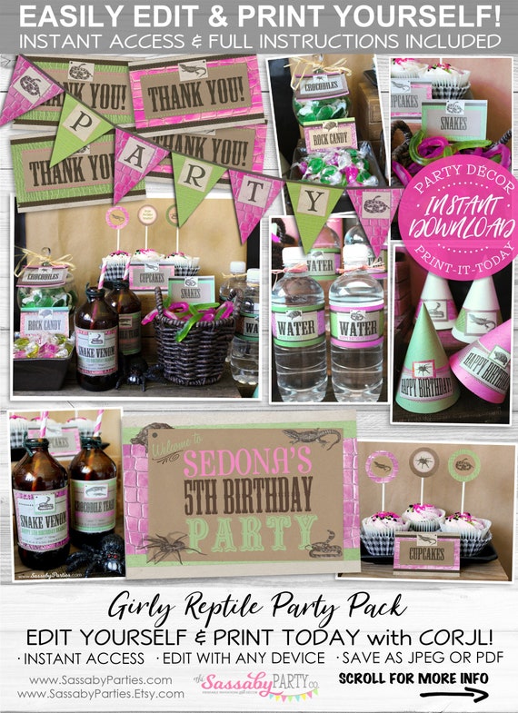 Reptile Girl Party Pack - INSTANT DOWNLOAD - Editable & Printable ...