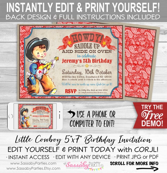 Little Cowboy Party Invitation - INSTANT DOWNLOAD - partially Editable ...
