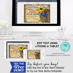 Australia Bash Party Invitation - INSTANT DOWNLOAD - Partially Edit ...