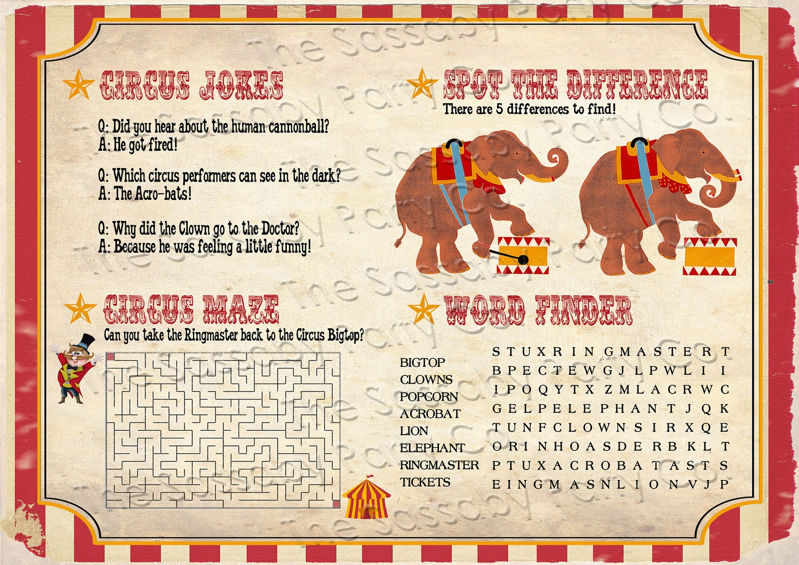Vintage Circus Activity & Coloring Sheets/placemats INSTANT DOWNLOAD ...