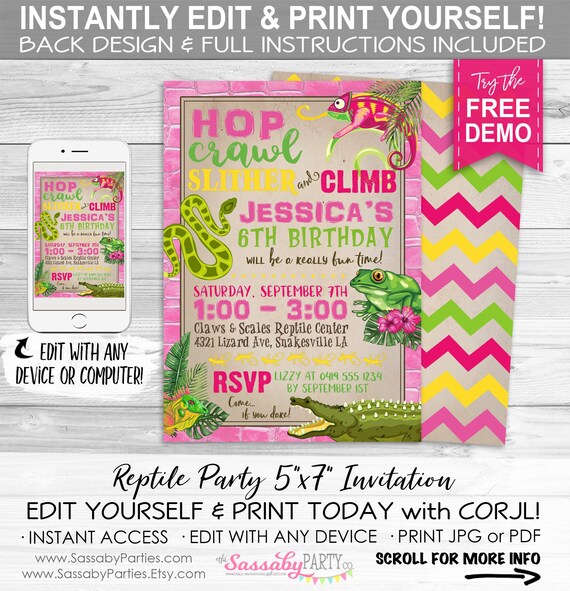 Reptile Invitation - INSTANT DOWNLOAD - Editable & Printable Girls ...