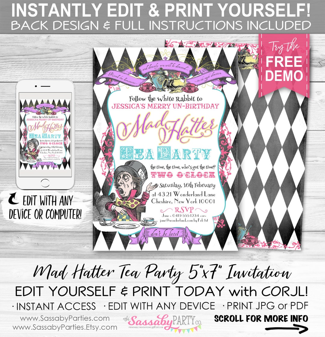 Mad Hatter Tea Party Invitation - INSTANT DOWNLOAD - Edit & Print ...