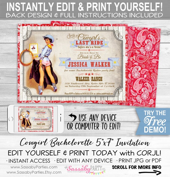 Cowgirl Rodeo Bachelorette Invitation - INSTANT DOWNLOAD - Edit & Print ...