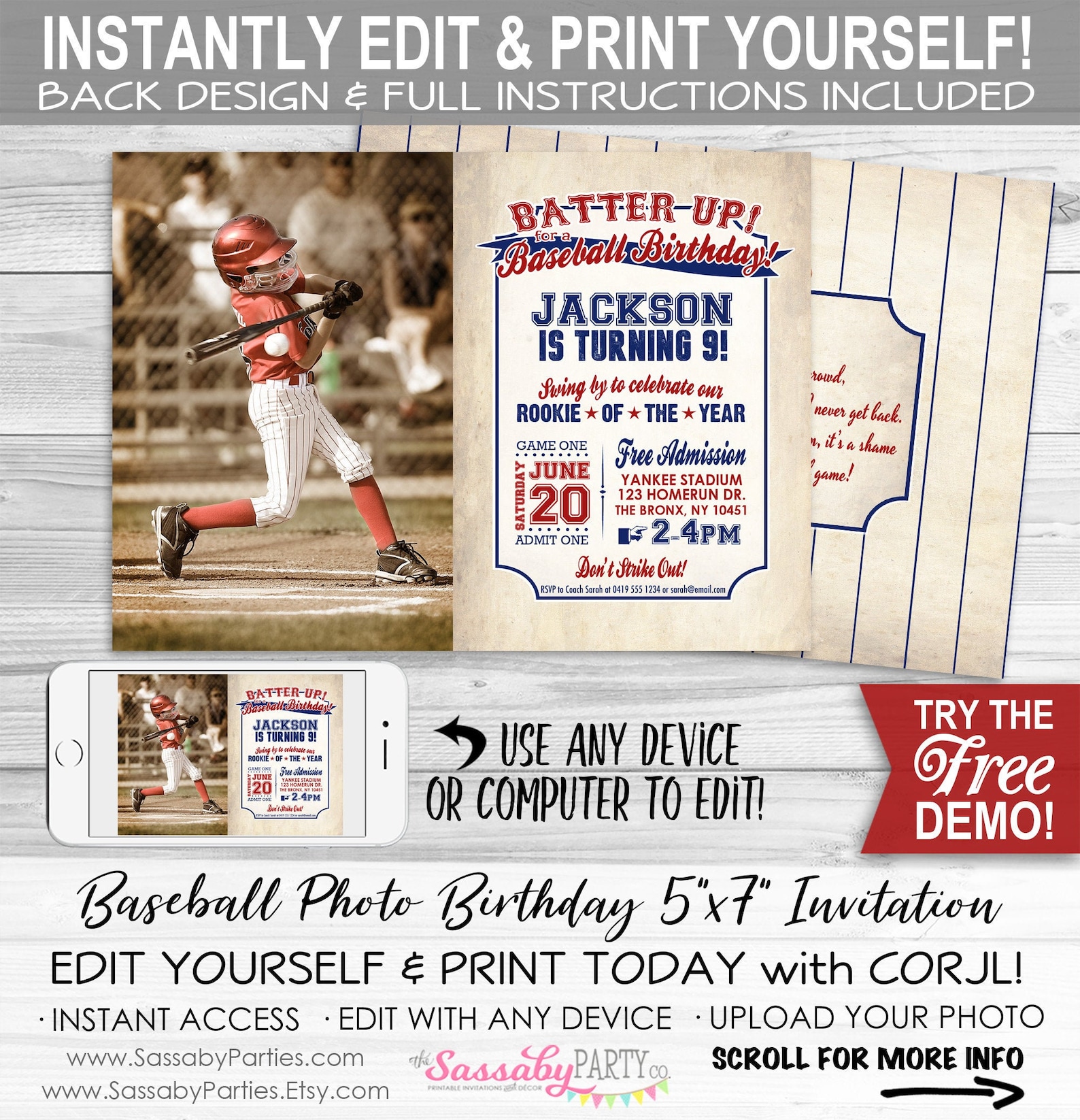Vintage Baseball Invitation - INSTANT DOWNLOAD - Edit & Print, Photo ...