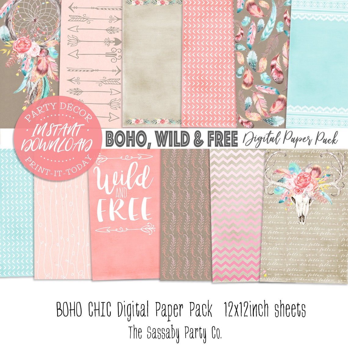 Boho Chic Paper Pack 12 Digital Sheets - INSTANT DOWNLOAD ...