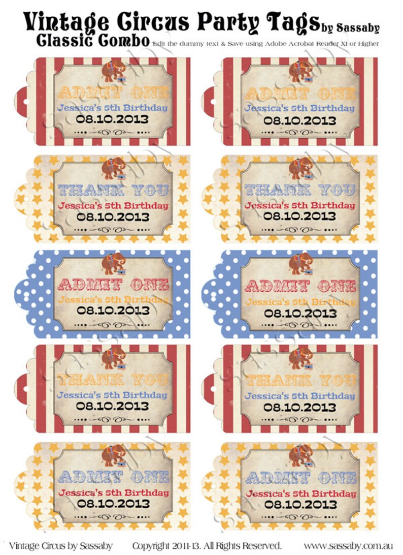 Vintage Circus Party Tags - INSTANT DOWNLOAD - Editable & Printable ...