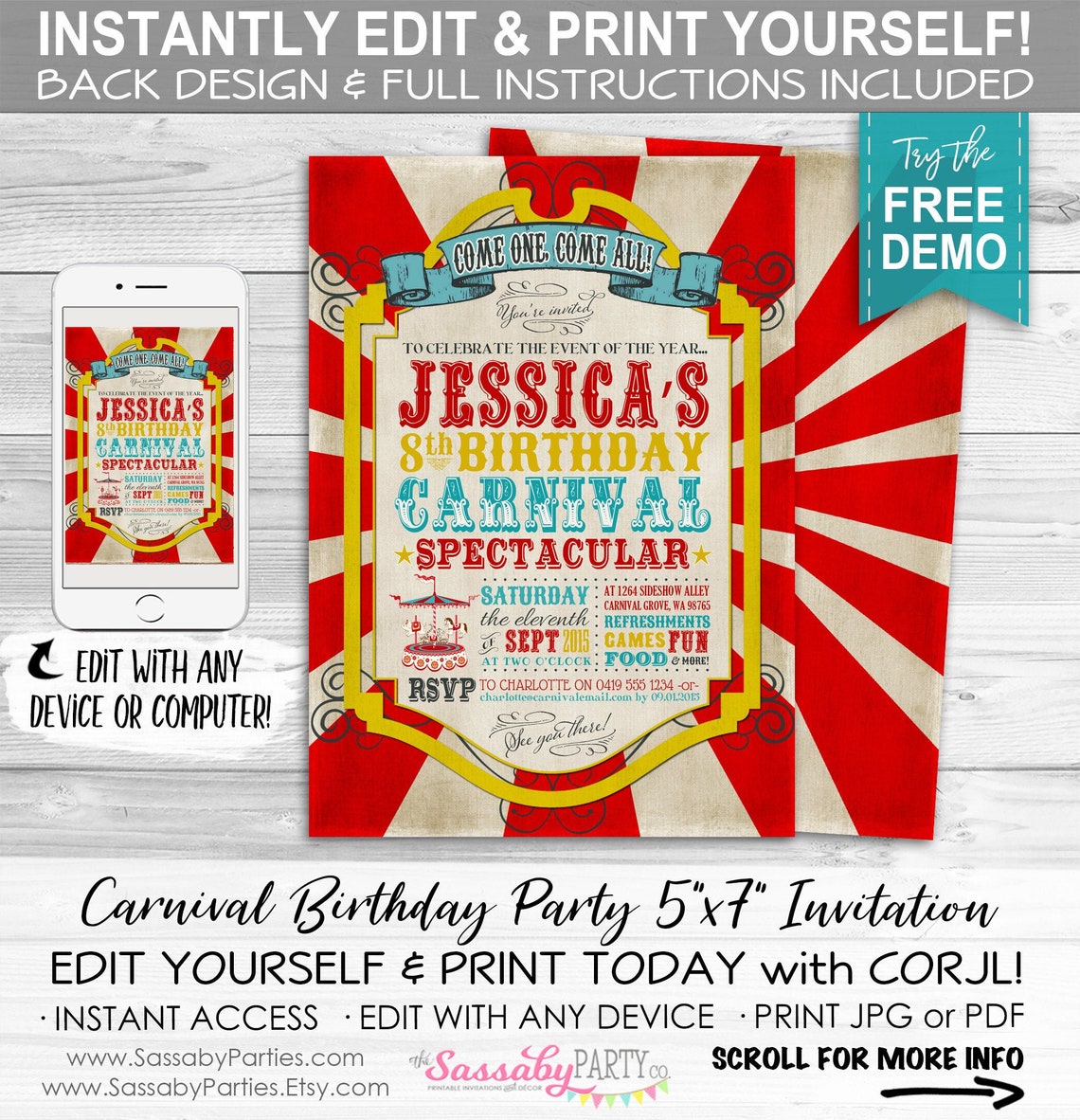 Vintage Carnival Invitation INSTANT DOWNLOAD Edit & Print | Etsy
