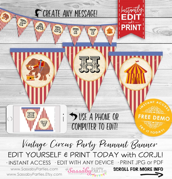 Vintage Circus Party Banner - INSTANT DOWNLOAD - Editable & Printable ...